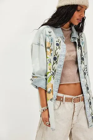Free People Denim Button-down With Embroidery