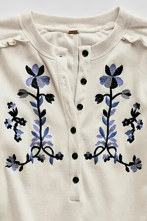 Free People Embroidered Cuff Henley - Tea Cookie