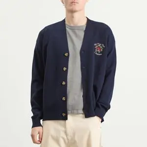 Drole De Monsieur Rose Slogan Merino Wool Cardigan - Navy