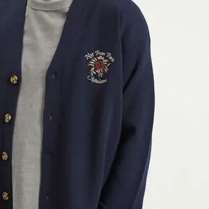 Drole De Monsieur Rose Slogan Merino Wool Cardigan - Navy