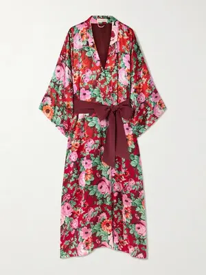 Olivia Von Halle Queenie Belted Floral-print Silk-satin Robe Multi