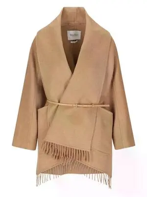 Max Mara Wool Coat With Fringed Hem And Shawl Collar - Neutrals