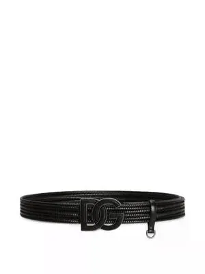 Dolce & Gabbana Woven Belt With Logo Buckle - Black