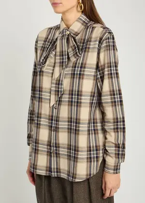 Saint Laurent Checked Tie-neck Cotton-blend Shirt - Multicoloured 1