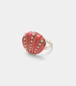 Yvonne Léon Coquillage Corail Ring With Diamonds And Coral - Gold