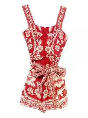 Farm Rio Floral Print Playsuit With Belt - Red