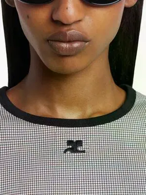 COURREGES Houndstooth Pattern T-shirt With Contrast Trim - Grey