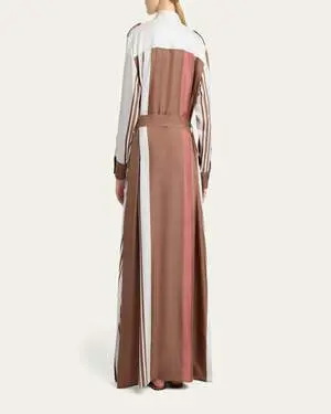 Kiton Striped Silk Belted Maxi Shirtdress
