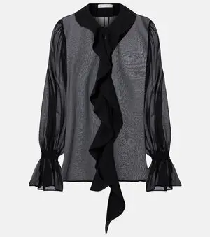 Nina Ricci Ruffled Sheer Silk Blouse - Black