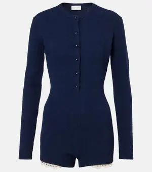 Magda Butrym Lace-trimmed Knitted Cotton-blend Romper - Blue