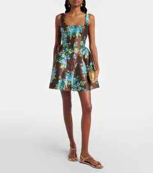 ALEMAIS Floral Peplum Satin Minidress - Brown