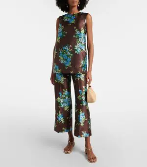 ALEMAIS Floral Cropped Satin Flared Trousers
