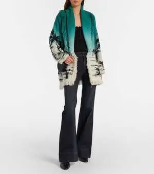 Alanui Wave Bloom Fringed Jacquard Cardigan - Green