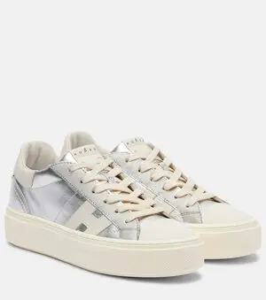 Hogan Crosswind Metallic Leather Sneakers Silver
