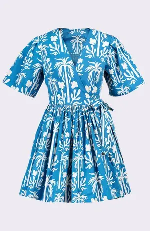 Leota Alena Mini Wrap Dress - Blue With White Pattern