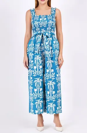 Leota Janet Cropped Jumpsuit - Palm Fields Mykonos Blue