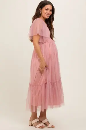 PINKBLUSH Dotted Tulle Smocked Midi Dress - Pink
