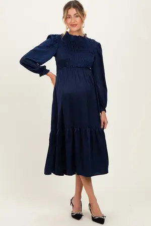PINKBLUSH Mock Neck Satin Midi Dress With Smocked Chest And Puff Sleeves - Navy Blue