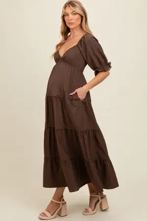PINKBLUSH Deep V-neck Tiered Maxi Dress - Brown