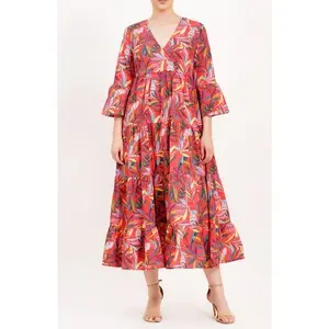 Leota Sariah Poplin Maxi Dress - Palm Foliage Poppy Red