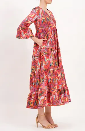 Leota Sariah Poplin Maxi Dress - Palm Foliage Poppy Red