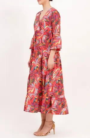Leota Sariah Poplin Maxi Dress - Palm Foliage Poppy Red