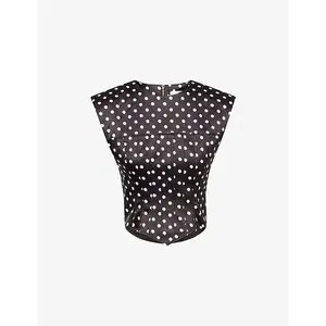 GANNI Padded-shoulder Polka-dot Satin Corset Top