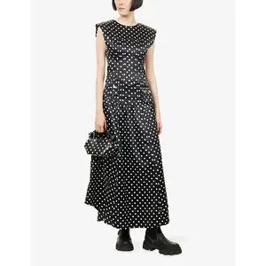 GANNI Padded-shoulder Polka-dot Satin Corset Top