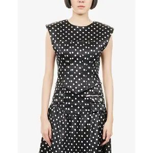 GANNI Padded-shoulder Polka-dot Satin Corset Top