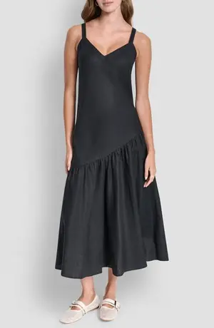Dkny Shirred Linen Maxi Dress - Black