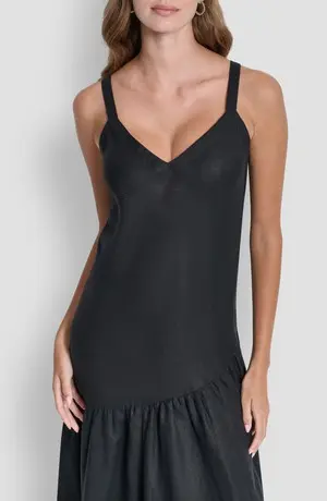 Dkny Shirred Linen Maxi Dress - Black