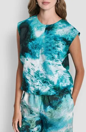 Dkny Brushstroke Print Linen Top With Drawstring Waist