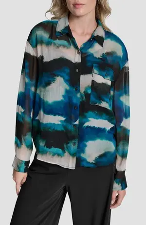 Dkny Printed Long Sleeve Chiffon Shirt - Marbled Ocean