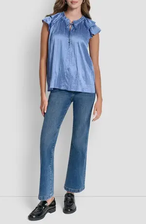 Dkny Pleated Tie-front Satin Top - Liberty Sky