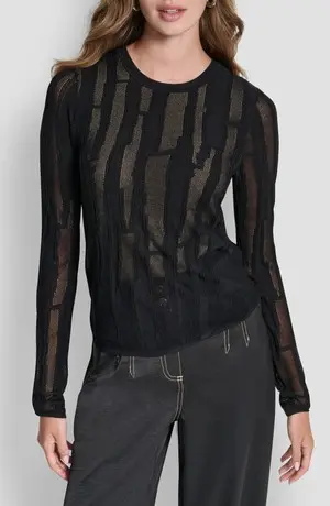 Dkny Mixed Stitch Knit Top - Black/travertine