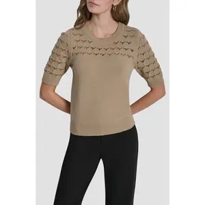 Dkny Pointelle Yoke Short Sleeve Sweater - Travertine