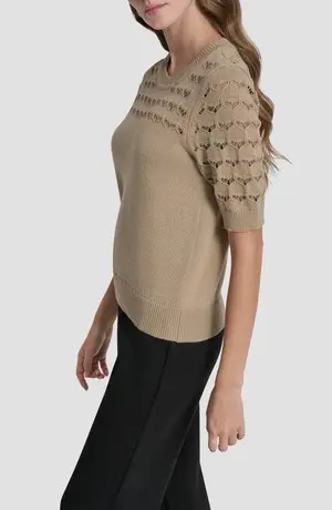 Dkny Pointelle Yoke Short Sleeve Sweater - Travertine