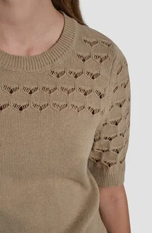 Dkny Pointelle Yoke Short Sleeve Sweater - Travertine