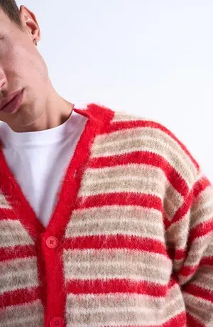 Topman Striped Crewneck Cardigan - Red