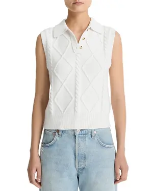 Vince Polo Cable Knit Vest - Off White