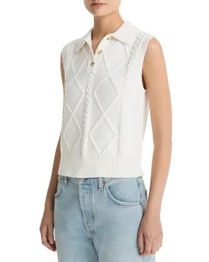 Vince Polo Cable Knit Vest - Off White