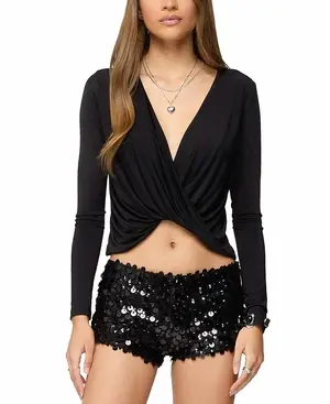 EDIKTED Draped V-neck Long Sleeve Top - Black