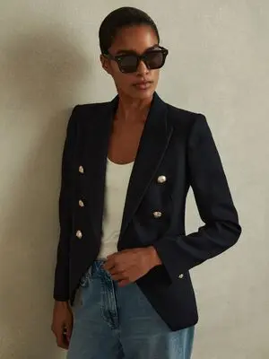 REISS Tailored Fit Textured Double Breasted Blazer - Navy