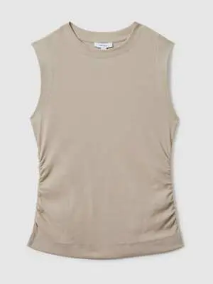 REISS Fine-rib Ruched Top - Camel