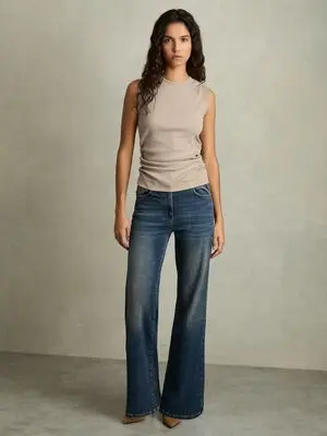 REISS Fine-rib Ruched Top - Camel