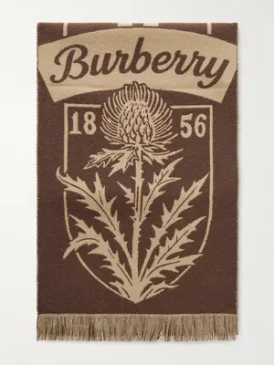 Burberry Logo-jacquard Fringed Wool Scarf - Brown