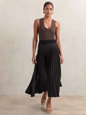REISS Seren Pleated Midi Skirt - Black