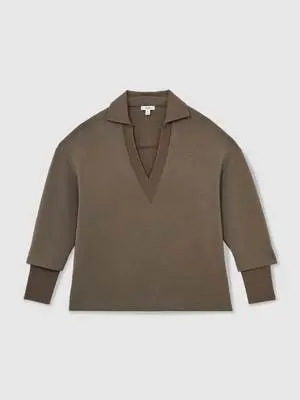 REISS Premium Interlock Open-collar Sweatshirt - Khaki Green