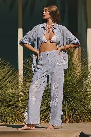 Agua Bendita Embroidered Tie-up Pants - Blue Pattern
