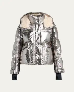 Moncler Calaque Metallic Hooded Down Ski Jacket - Silver